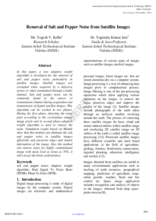 Pdf Ijert Removal Of Salt And Pepper Noise From Satellite Images Ijert Journal