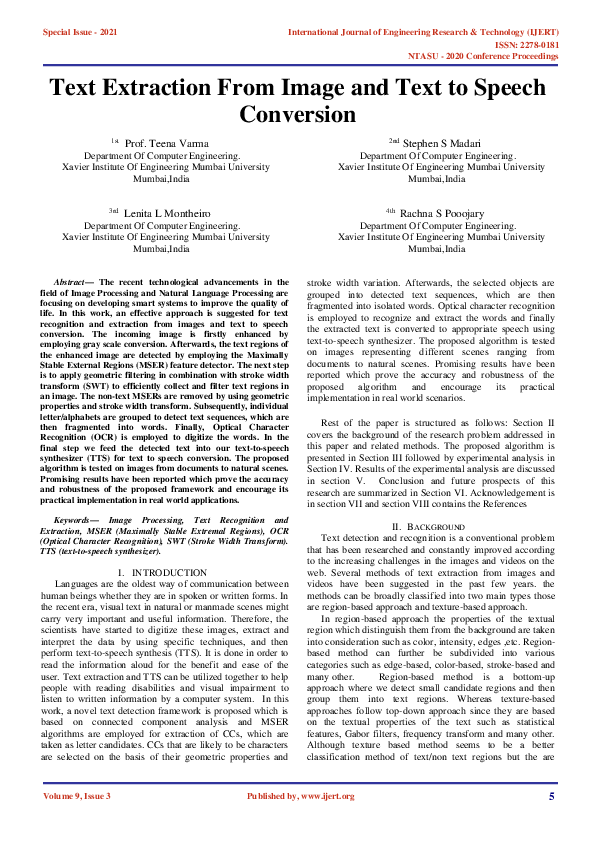 (PDF) IJERT-Text Extraction From Image and Text to Speech Conversion