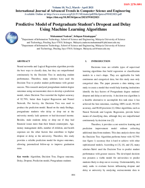 (PDF) Predictive Model of Postgraduate Student's Dropout and Delay Using Machine Learning Algorithms