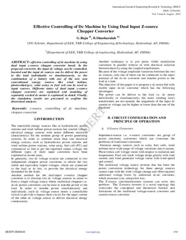 Pdf Ijert Effective Controlling Of Dc Machine By Using Dual Input Z Source Chopper Converter