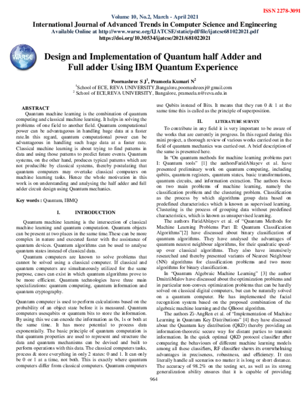 Pdf Design And Implementation Of Quantum Half Adder And Full Adder