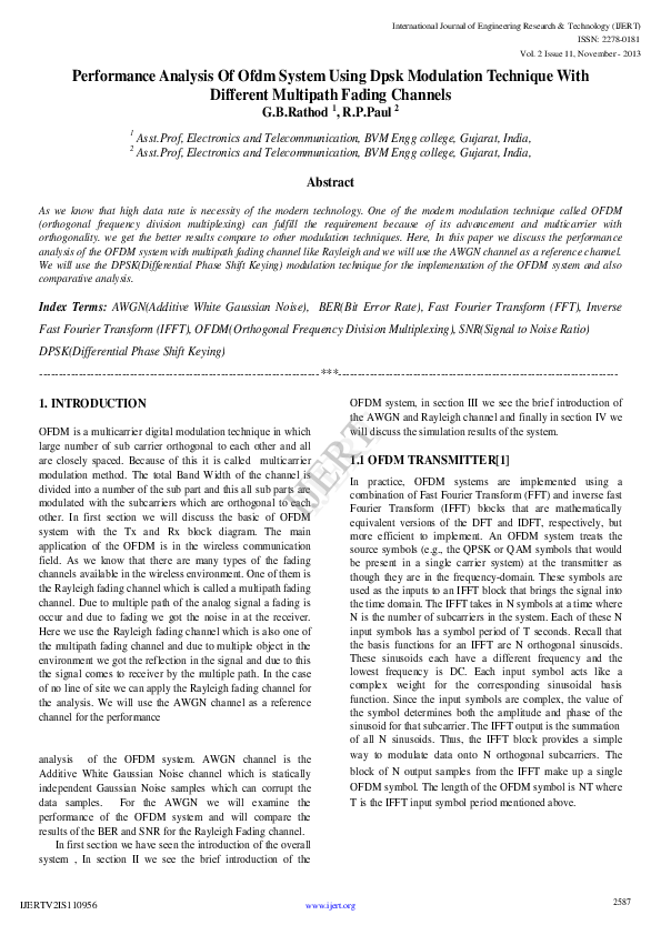 Pdf Ijert Performance Analysis Of Ofdm System Using Dpsk Modulation
