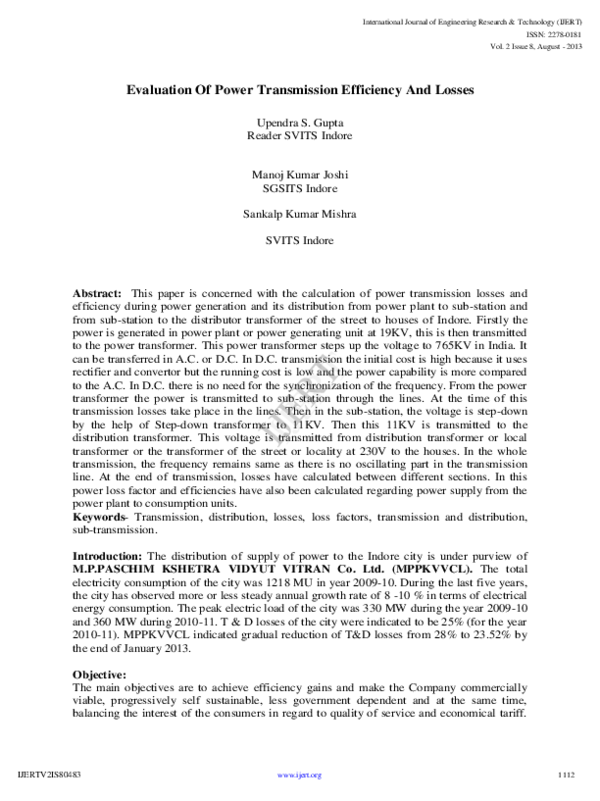 (PDF) IJERT-Evaluation Of Power Transmission Efficiency And Losses ... (PDF) IJERT-Evaluation Of Power Transmission Efficiency And Losses ...