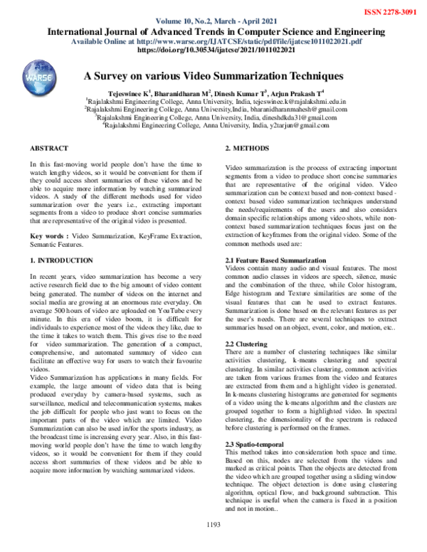 (PDF) A Survey on various Video Summarization Techniques