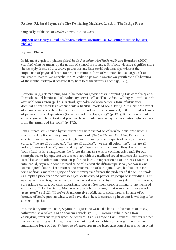 (PDF) Review of Richard Seymour's The Twittering Machine