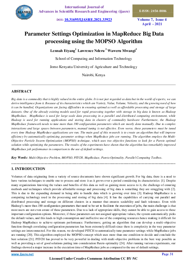 Parameter Settings Optimization in Map Reduce Big Data processing using the MOPSO Algorithm