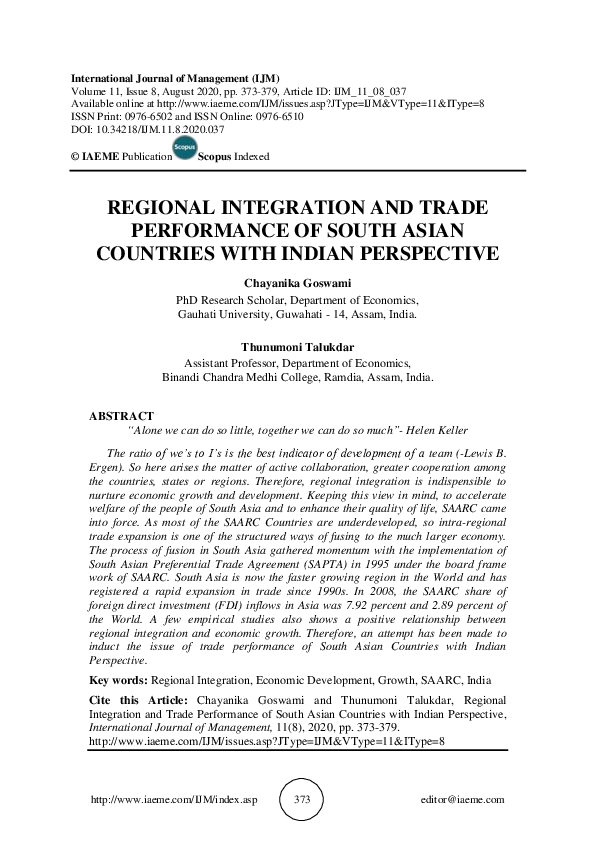 (PDF) REGIONAL INTEGRATION AND TRADE PERFORMANCE OF SOUTH ASIAN COUNTRIES WITH INDIAN PERSPECTIVE