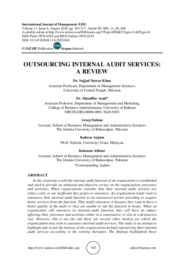(PDF) OUTSOURCING INTERNAL AUDIT SERVICES: A REVIEW | IAEME Publication ...