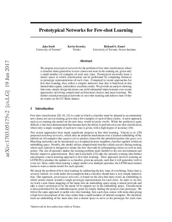 (PDF) Prototypical Networks for Few-shot Learning
