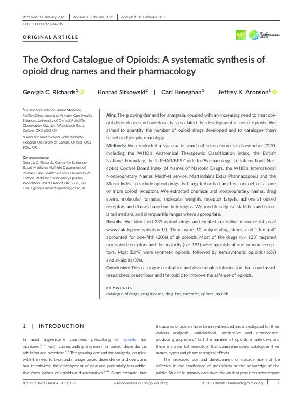 (PDF) The Oxford Catalogue of Opioids: A systematic synthesis of opioid ...