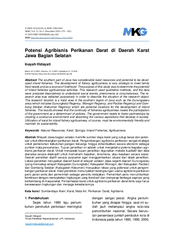 (PDF) Potensi Agribisnis Perikanan Darat di Daerah Karst Jawa Bagian ... (PDF) Potensi Agribisnis Perikanan Darat di Daerah Karst Jawa Bagian ...