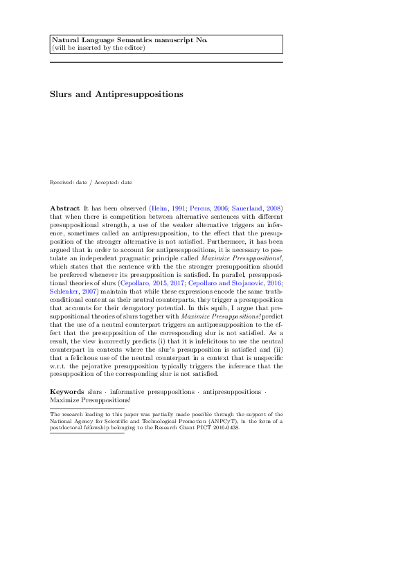 (PDF) Slurs and Antipresuppositions (Final Draft)