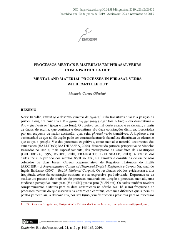 (PDF) Processos Mentais e Materiais em Phrasal Verbs com a Partícula out/ Mental and Material ...