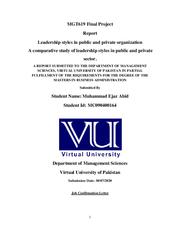 (PDF) MGT619 Final Project Report Leadership styles in public and ...