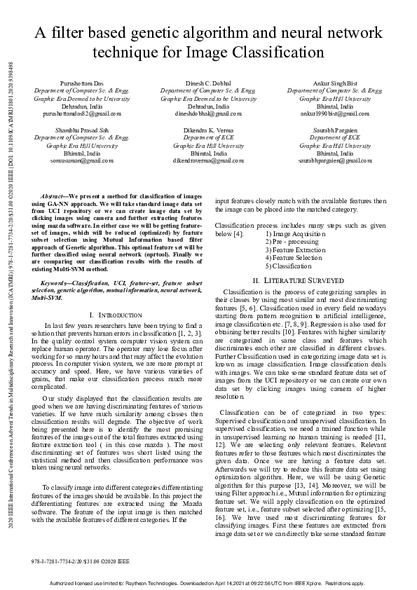 (PDF) A filter based genetic algorithm and neural network technique for Image Classification