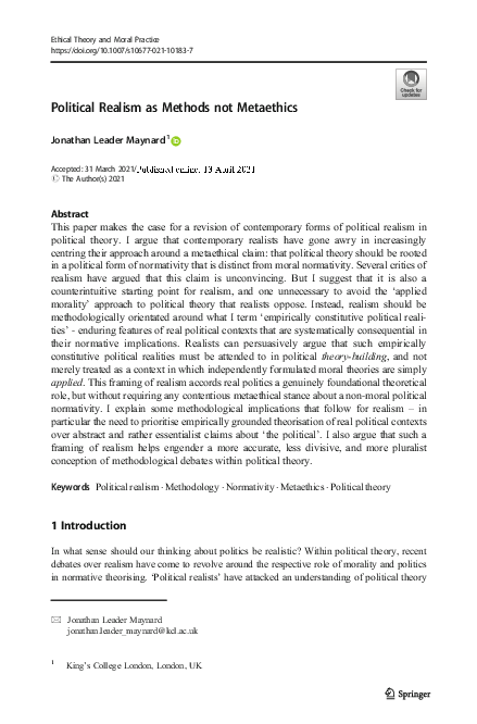 (PDF) Political Realism as Methods not Metaethics