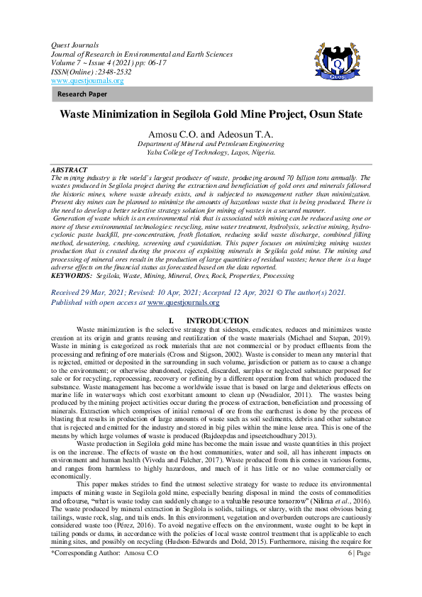 (PDF) Waste Minimization in Segilola Gold Mine Project, Osun State
