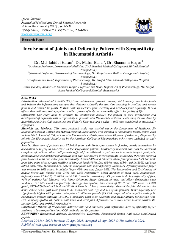 (PDF) Involvement of Joints and Deformity Pattern with Seropositivity ...