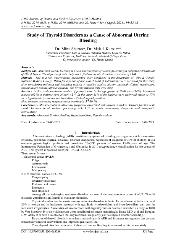 (PDF) Study of Thyroid Disorders as a Cause of Abnormal Uterine Bleeding