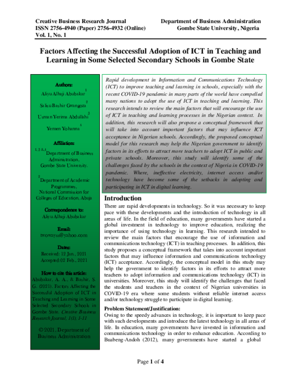 (PDF) Factors Affecting the Successful Adoption of ICT in Teaching and Learning in Some Selected ...
