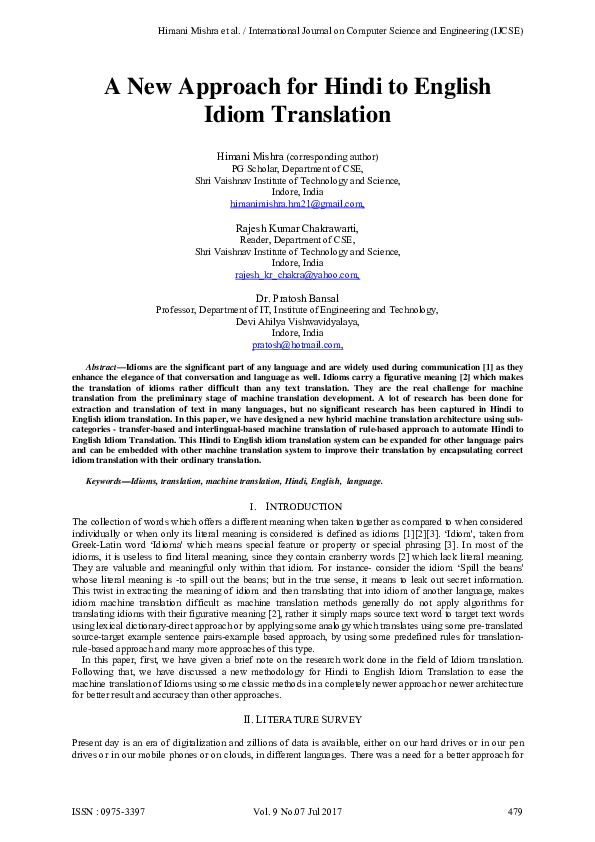 (PDF) A New Approach for Hindi to English Idiom Translation