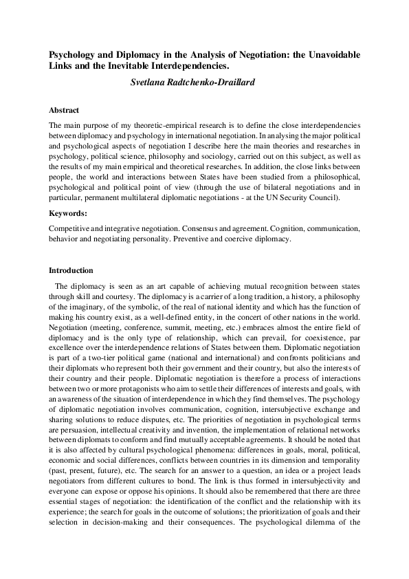 (PDF) Psychology and Diplomacy in the Analysis of Negotiation: the ...