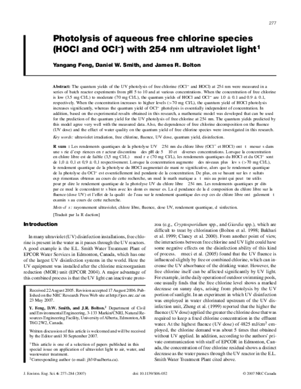 (PDF) Photolysis of aqueous free chlorine species (HOCl and OCl -) with ...