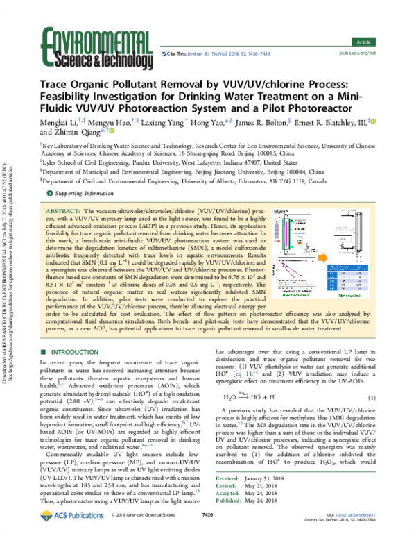 (PDF) Trace Organic Pollutant Removal by VUV/UV/chlorine Process ...