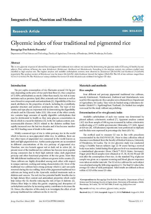 (PDF) Glycemic index of four traditional red pigmented rice