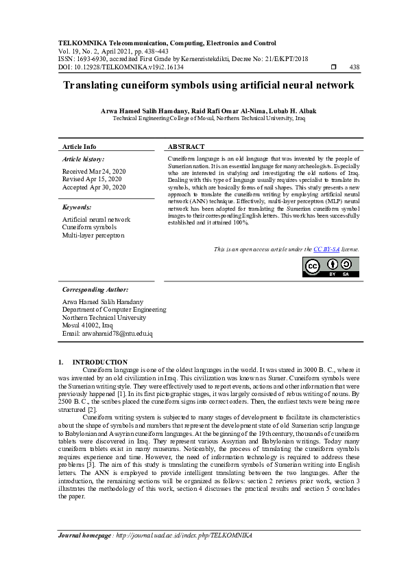 (PDF) Translating cuneiform symbols using artificial neural network