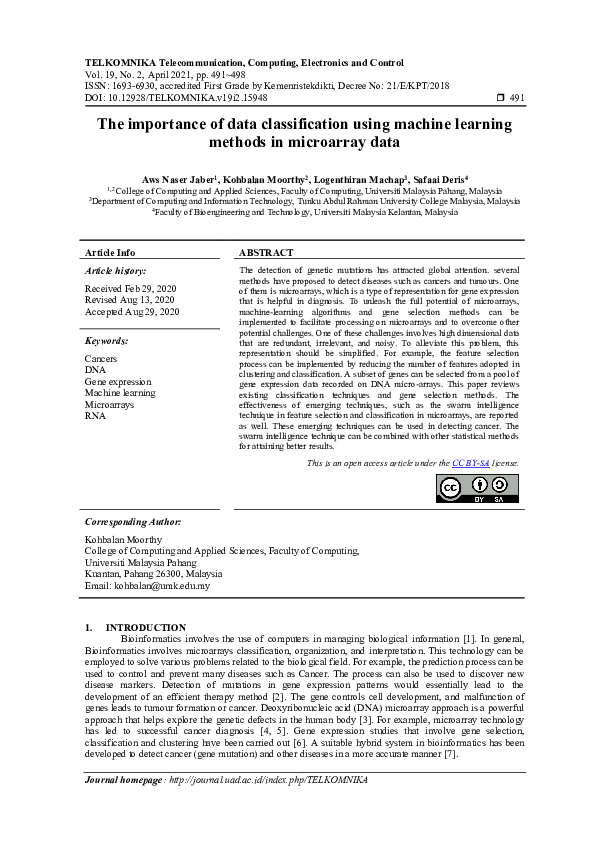 Pdf The Importance Of Data Classification Using Machine Learning Methods In Microarray Data