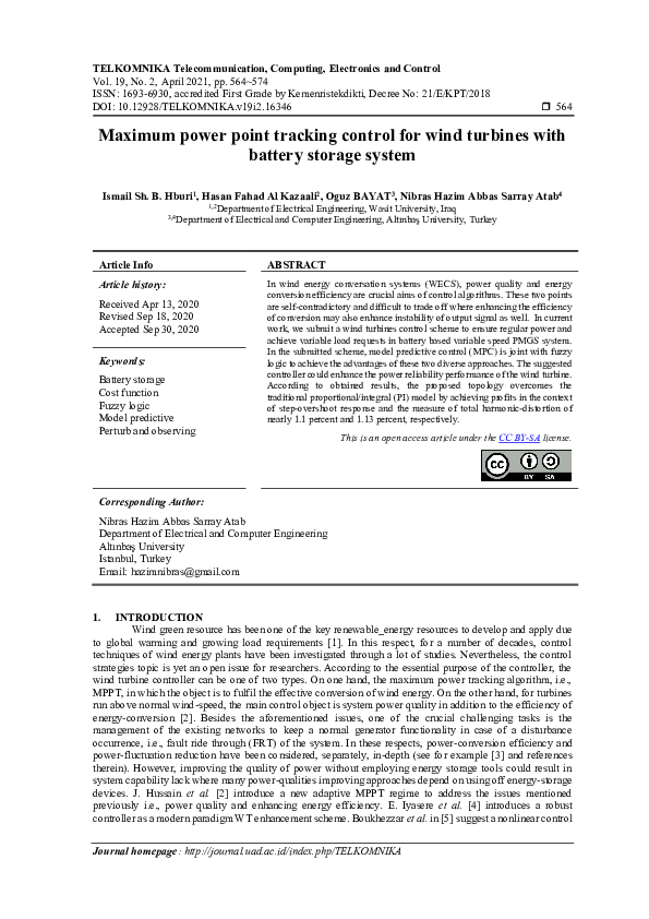 Pdf Maximum Power Point Tracking Control For Wind Turbines With Battery Storage System