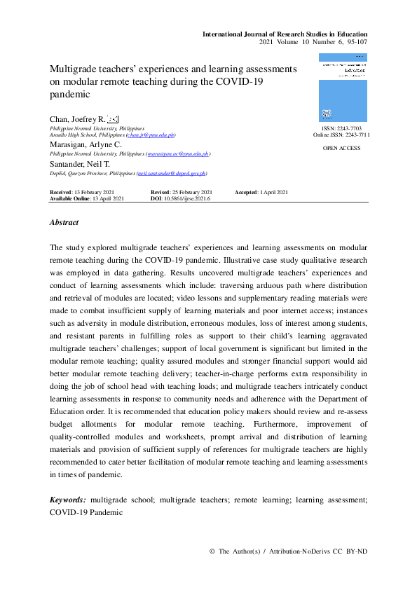 (PDF) Multigrade teachers' experiences and learning assessments on modular remote teaching ...