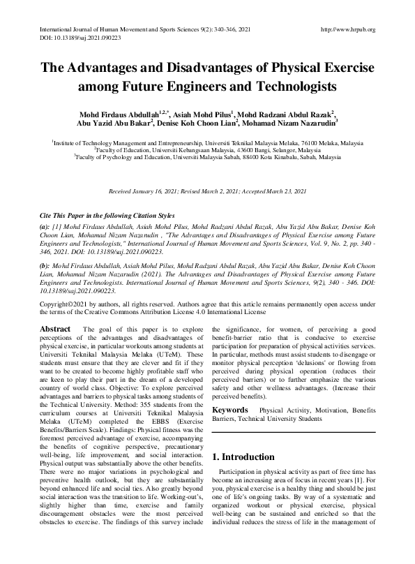 (PDF) The Advantages and Disadvantages of Physical Exercise among ...