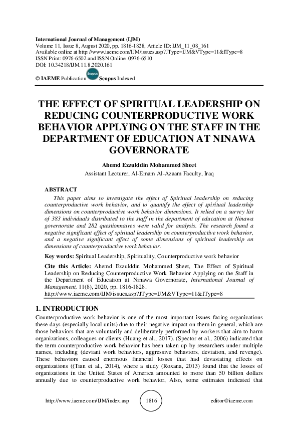 (PDF) THE EFFECT OF SPIRITUAL LEADERSHIP ON REDUCING COUNTERPRODUCTIVE ...