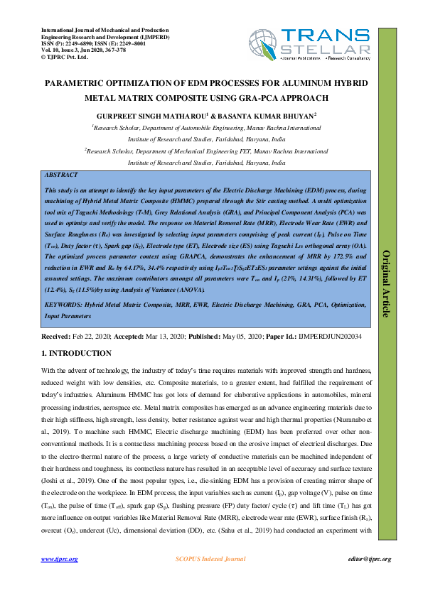 (PDF) PARAMETRIC OPTIMIZATION OF EDM PROCESSES FOR ALUMINUM HYBRID METAL MATRIX COMPOSITE USING ...