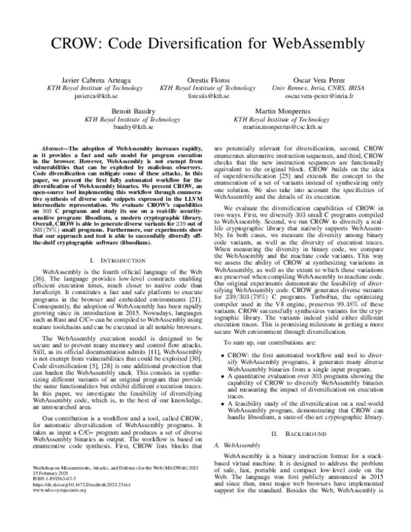 (PDF) CROW: Code Diversification for WebAssembly