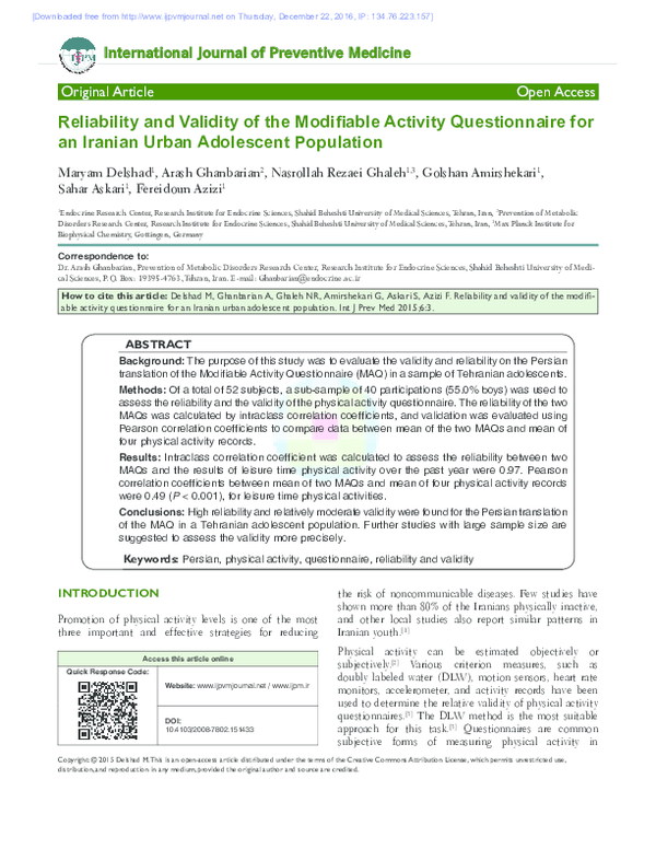 (PDF) Reliability and validity of the modifiable activity questionnaire ...