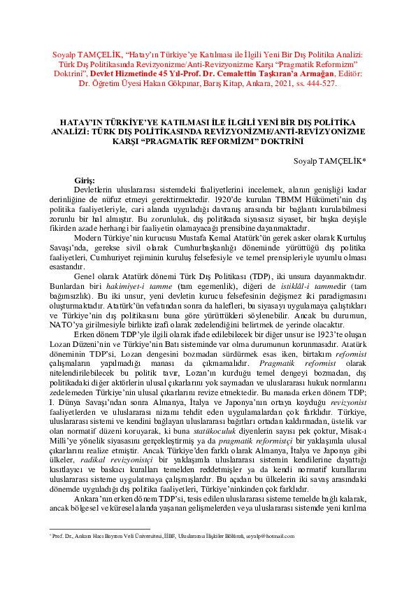 (PDF) HATAY'IN TÜRKİYE'YE KATILMASI İLE İLGİLİ YENİ BİR DIŞ POLİTİKA ...