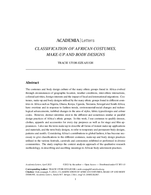 (PDF) CLASSIFICATION OF AFRICAN COSTUMES, MAKE-UP AND BODY DESIGNS