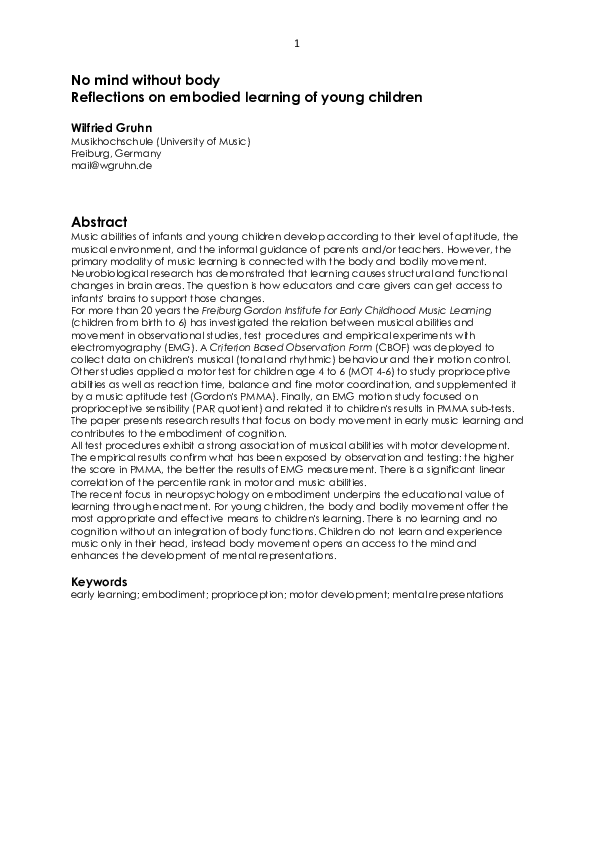 (PDF) No mind without body Reflections on embodied learning of young ...