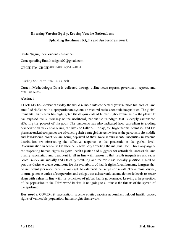 (PDF) Ensuring Vaccine Equity, Erasing Vaccine Nationalism: Upholding the Human Rights and ...