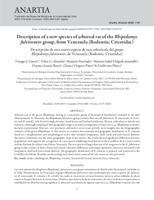 (PDF) Description of a new species of arboreal rat of the Rhipidomys ...