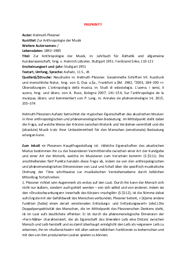 (PDF) Helmuth Plessner, Zur Anthropologie der Musik, in: Jahrbuch für ...