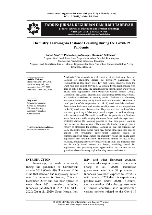 (PDF) Chemistry Learning via Distance Learning during the Covid-19 Pandemic