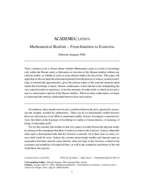(PDF) Mathematical Realism – From Intuition to Esoterica