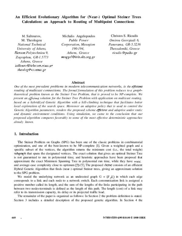 Pdf An Efficient Evolutionary Algorithm For Near Optimal Steiner Tree Calculation An