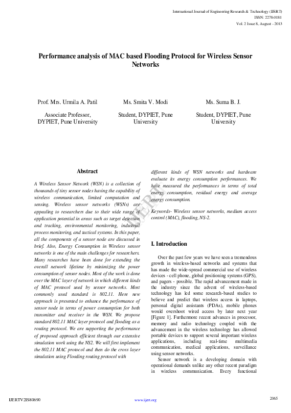 Pdf Ijert Performance Analysis Of Mac Based Flooding Protocol For Wireless Sensor Networks 
