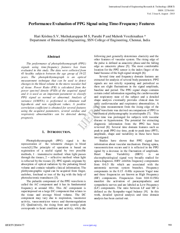 Pdf Ijert Performance Evaluation Of Ppg Signal Using Time Frequency Features Ijert Journal