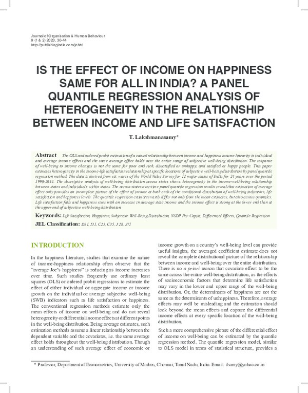 (PDF) IS THE EFFECT OF INCOME ON HAPPINESS SAME FOR ALL IN INDIA? A ...